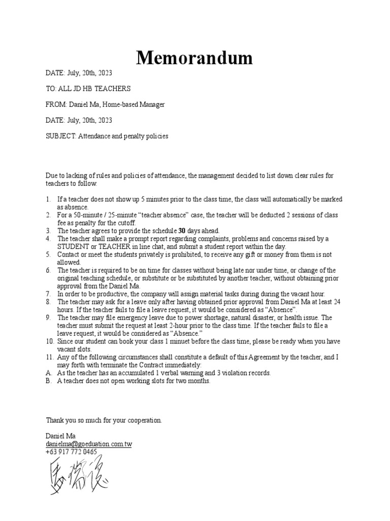 Attendance and Penalty Policies Memo | PDF