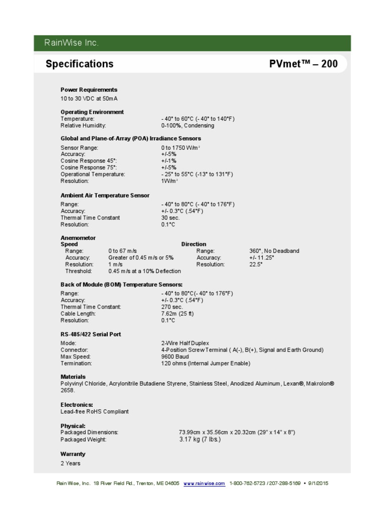 PVmet 200 Specifications Manual | PDF | Technology & Engineering