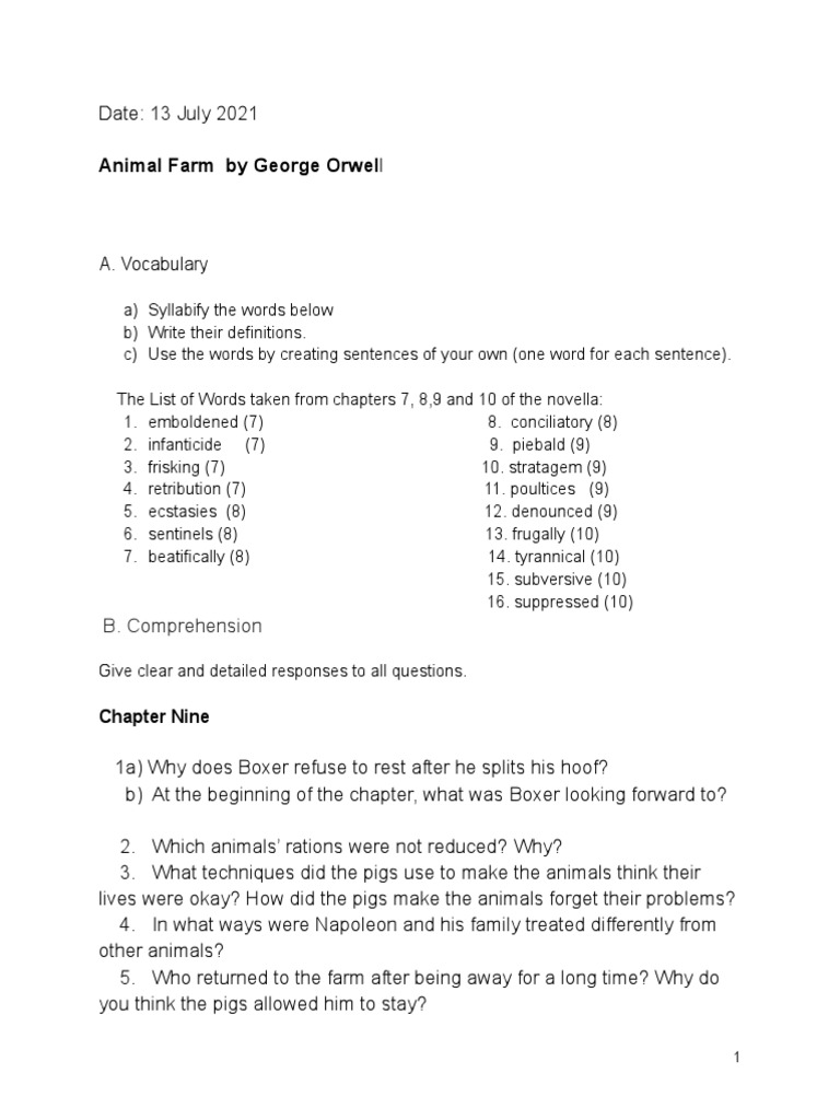 Animal Farm. Vocab From Chapters 9 and 10 and Essay | PDF