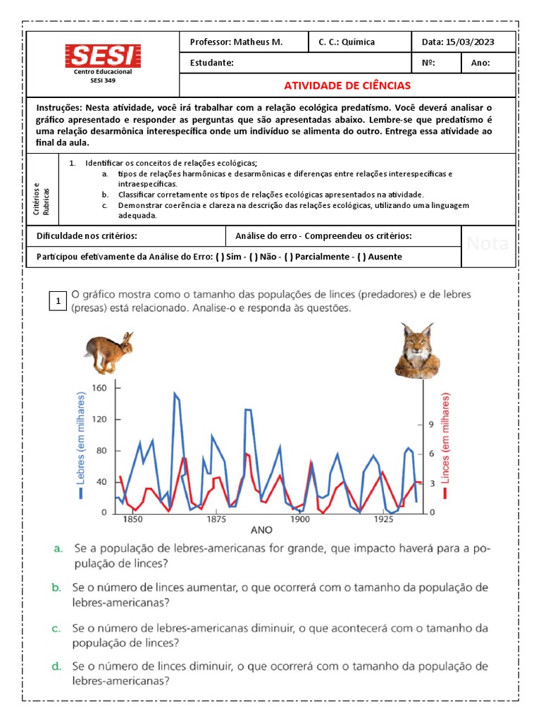 Lista de Exercícios - Predatismo - 7º Ano - Ciências - Parte 1 | PDF