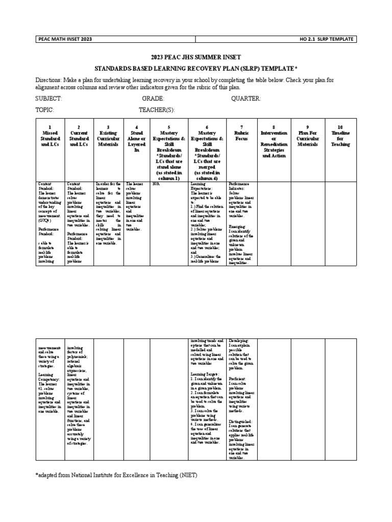 2023 PEAC Math Learning Recovery Plan | PDF