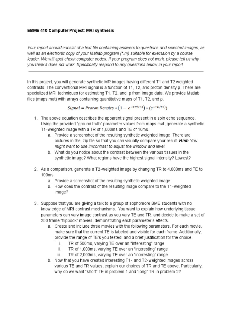 EBME 410 Computer Project MRI Synthesis | PDF
