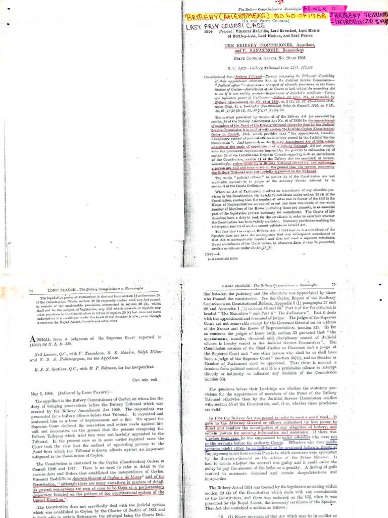 The Bribery Commissioner V Ranasinghe | PDF