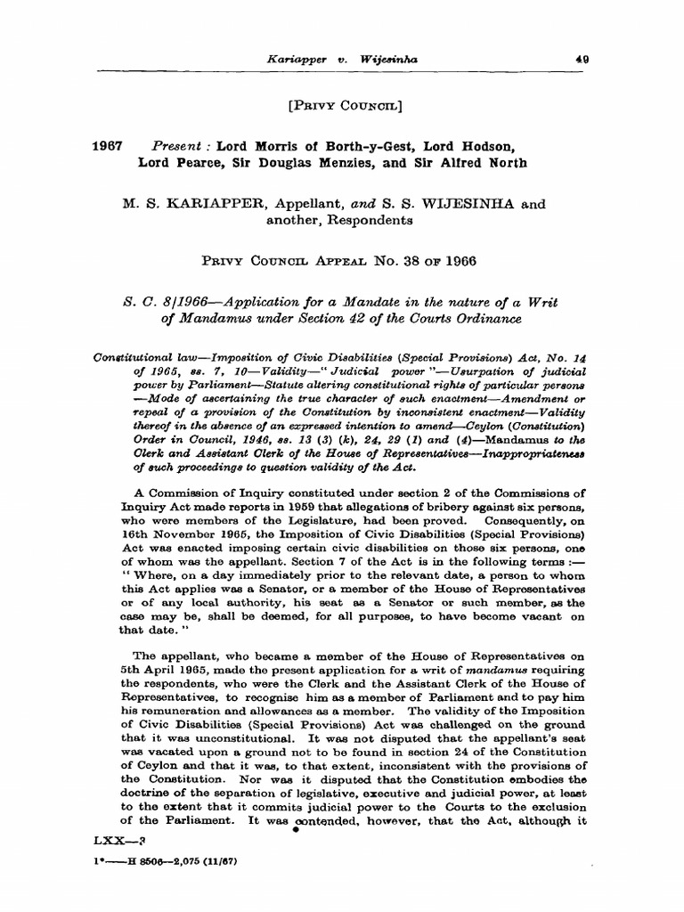 014 NLR NLR V 70 M. S. KARIAPPER Appellant and S. S. WIJESINGHA and ...