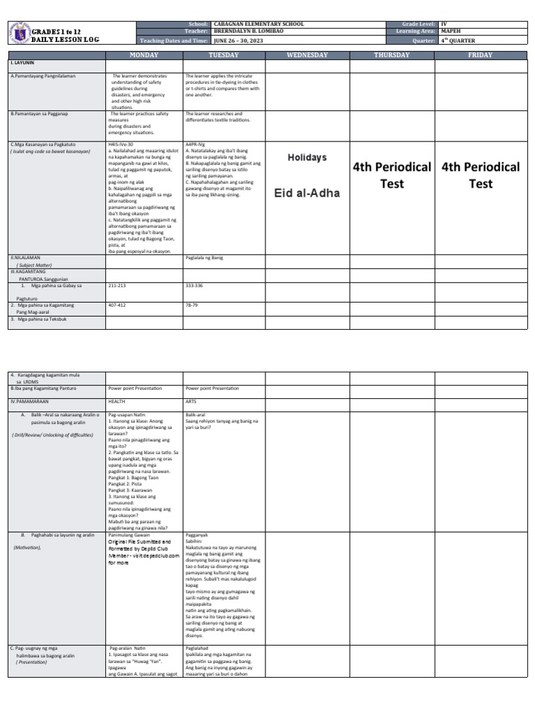 DLL - Mapeh 4 - Q4 - W9 | PDF