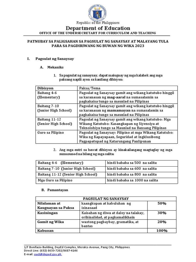 Patnubay Sa Paligsahan Sa Pagsulat NG Sanaysay at Malayang Tula para Sa ...