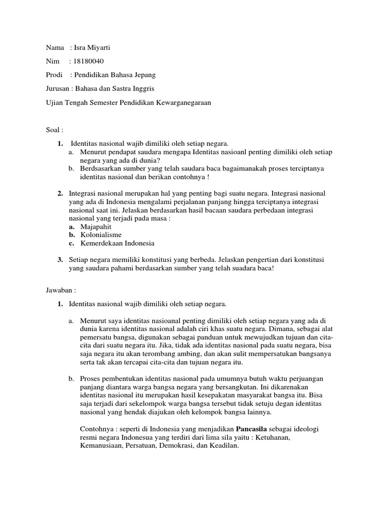 Isra Miyarti 18180040 (UTS Pendidikan Kewarganegaraan) | PDF