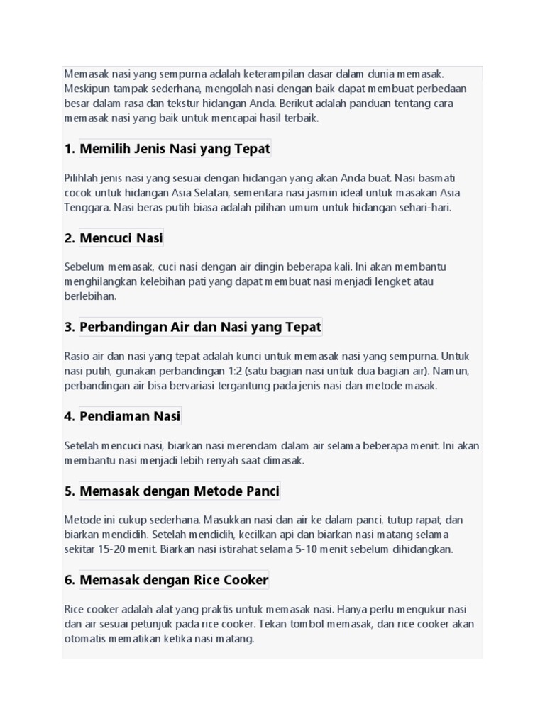 Cara Memasak Nasi Yang Baik | PDF | Memasak, Makanan, & Anggur