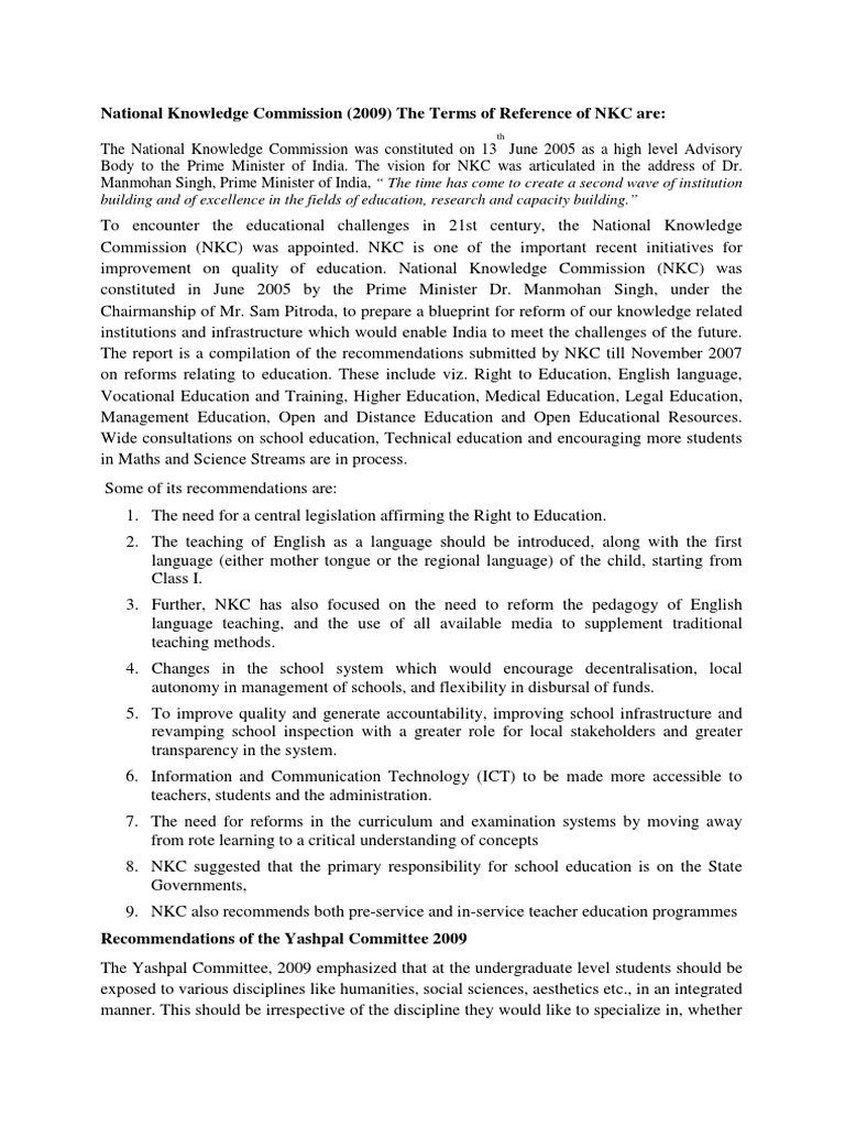 National Knowledge Commission (2009) The Terms of Reference of NKC Are ...