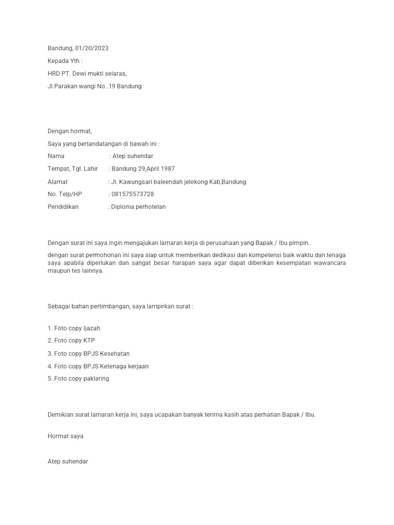 Surat Lamaran Kerja Atep Suhendar | PDF | Karier & Perkembangan