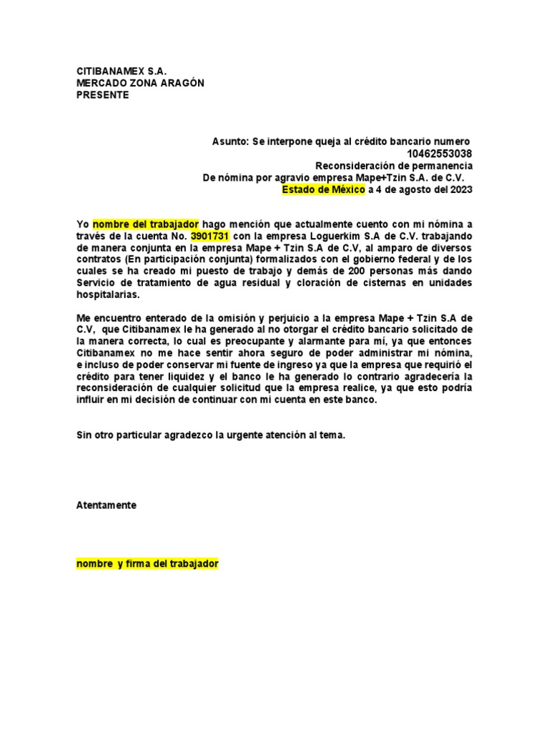 Queja sobre crédito a Mape+Tzin S.A. de C.V. | PDF