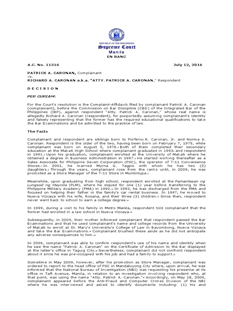 A.C. No. 11316 - Caronan v. Caronan | PDF | Lawyer | Justice
