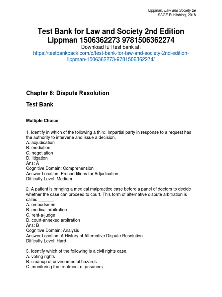 Law and Society 2nd Edition Lippman Test Bank 1 | PDF