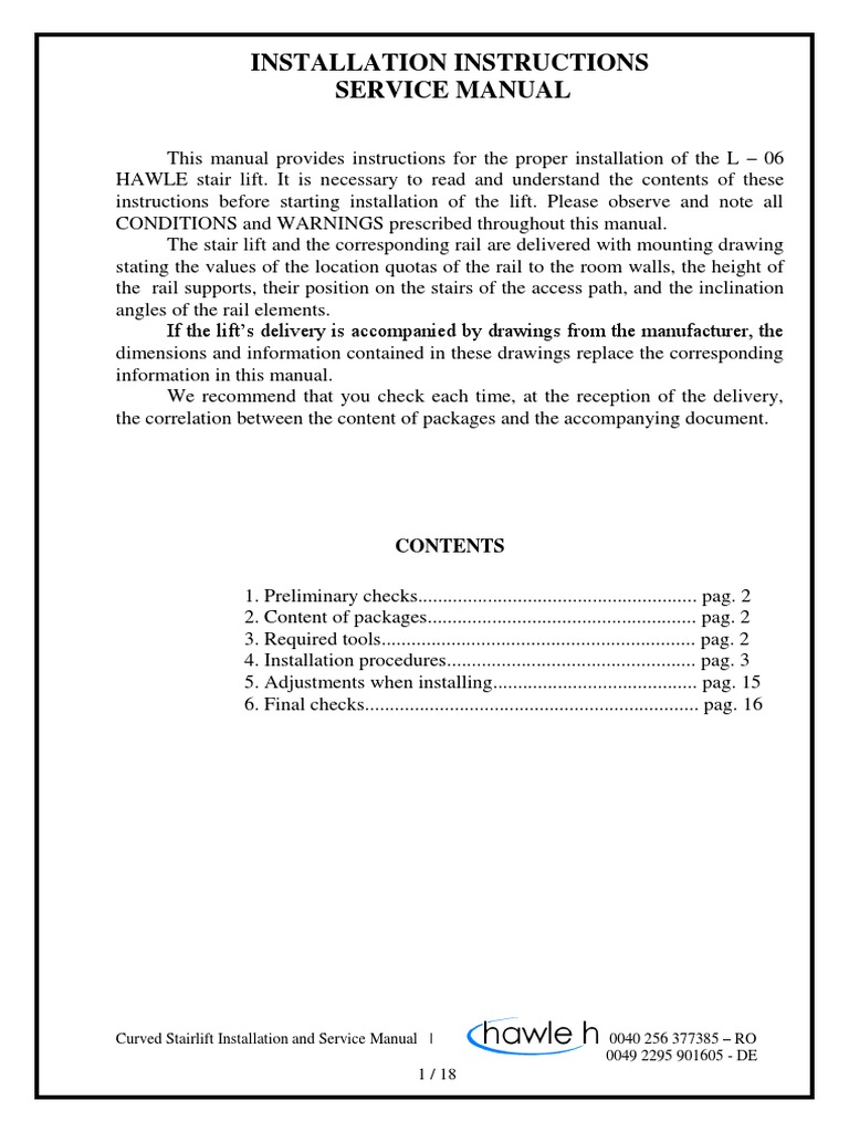 Installation and Service Manual of Curved Stairlift | PDF | Elevator ...