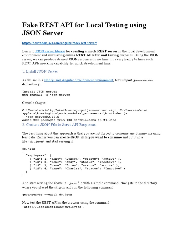 Fake Rest Api For Local Testing Using Json Server Pdf 4937