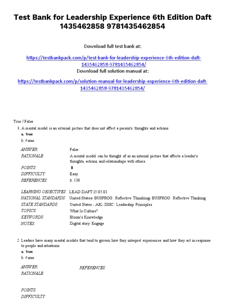 Leadership Experience 6th Edition Daft Test Bank 1 | PDF | Leadership ...