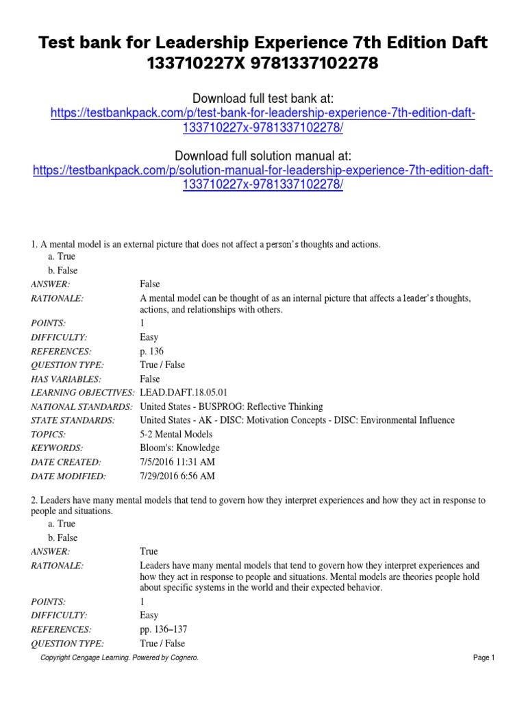 Leadership Experience 7th Edition Daft Test Bank 1 | PDF | Thought ...