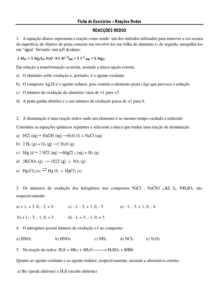 Exercicios de Reacoes Redox | PDF | Ciências e Matemática