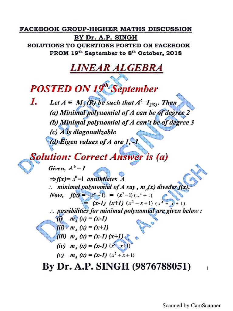 Linear Algebra by AP Singh PDF | PDF