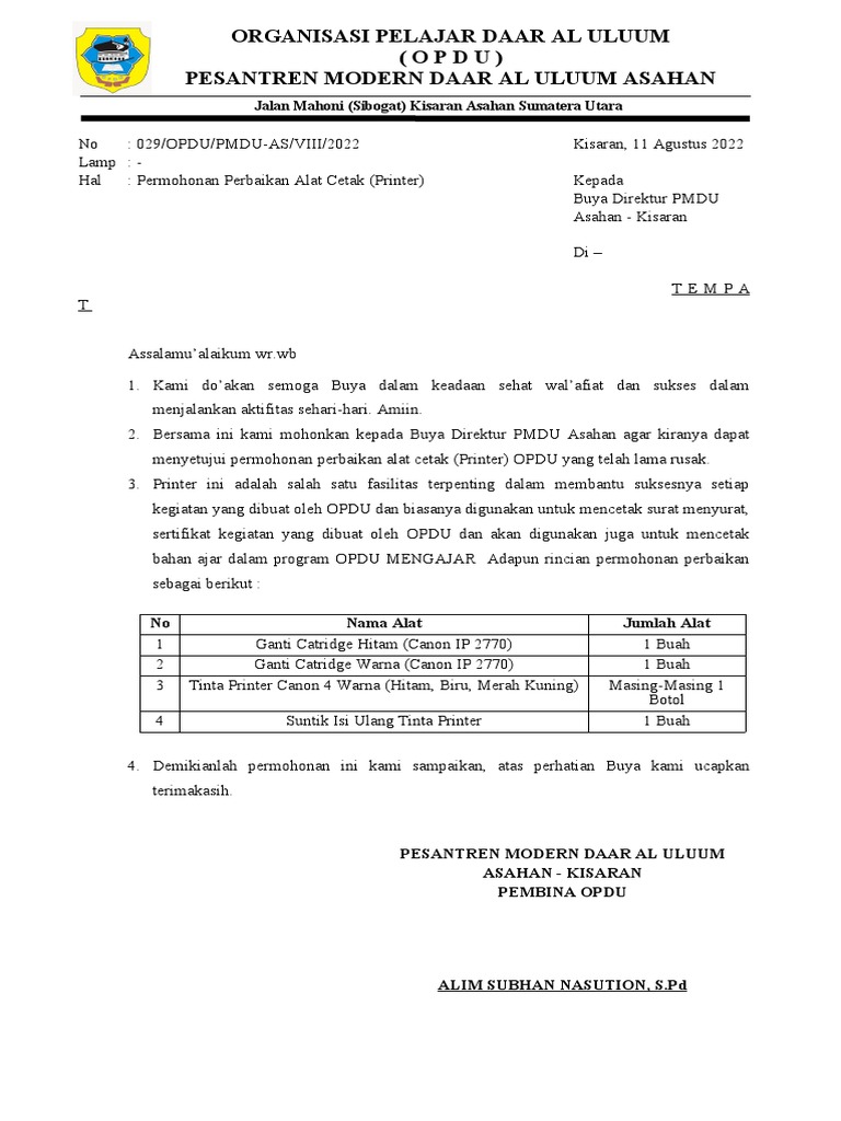 029 OPDU Permohonan Perbaikan Printer | PDF