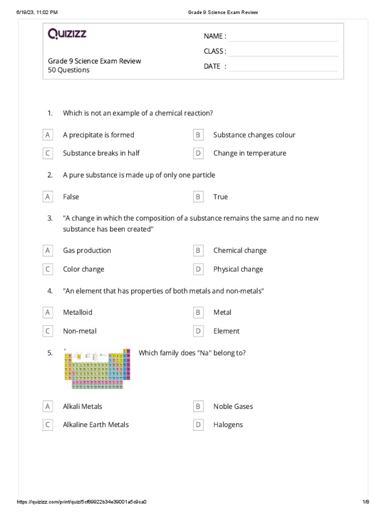 Grade 9 Science Exam Review Quiz | PDF