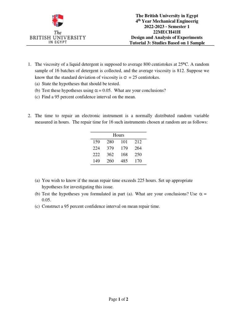 Tutorial 3 - Studies Based On 1 Sample | PDF | Technology & Engineering
