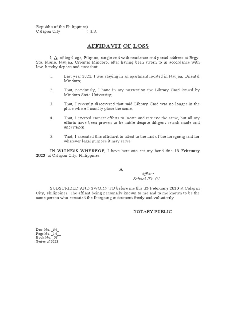 Affidavit of Loss-Id A | PDF | Social Science | Law
