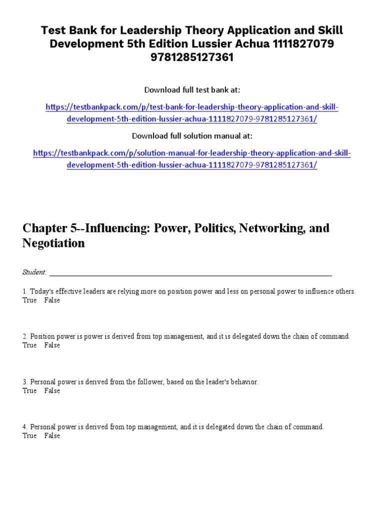 Leadership Skills Test Bank | PDF | Power (Social And Political ...