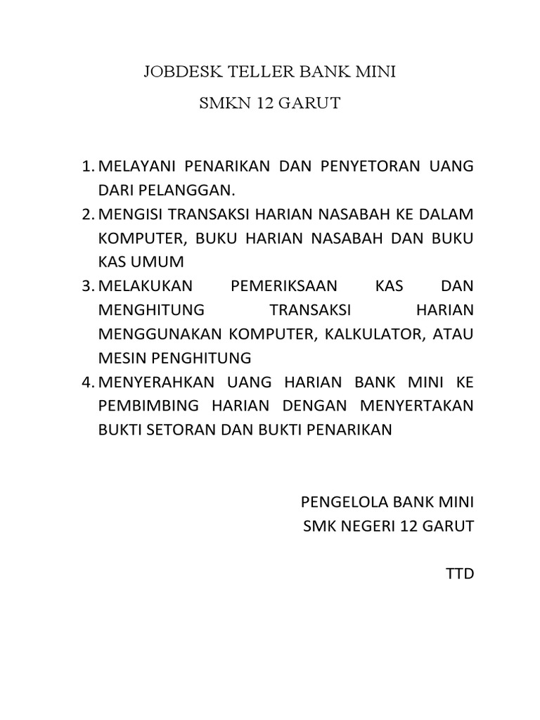 Jobdesk Teller Bank Mini SMKN 12 Garut | PDF
