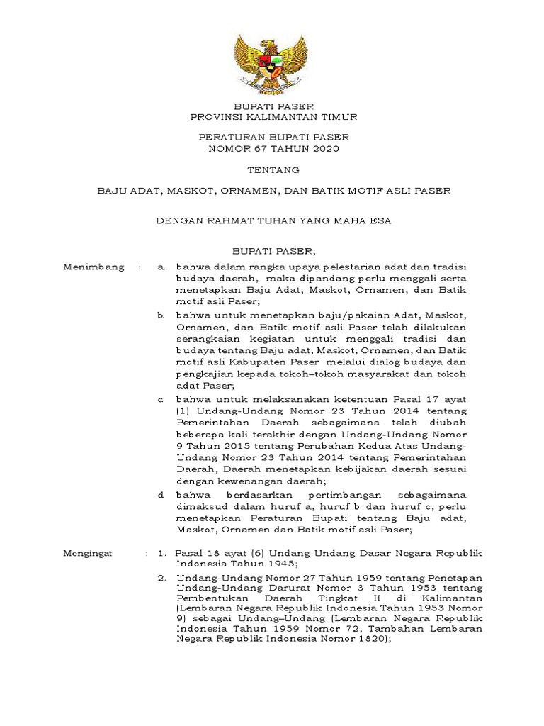 Perbup Nomor 67 Tentang Baju Adat Maskot Ornamen Dan Batik Motif Asli ...