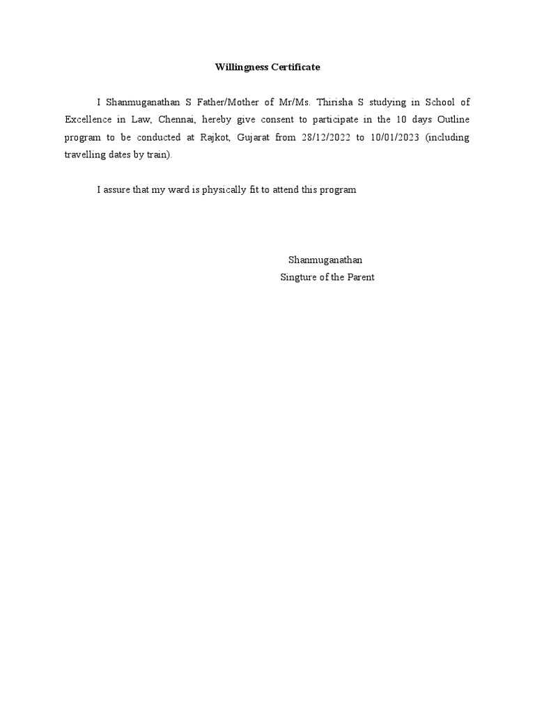 Willingness Certificate | PDF