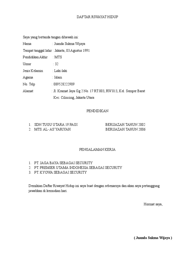 Daftar Riwayat Hidup Juanda Wijaya | PDF