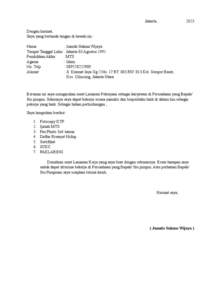 Surat Lamaran Kerja Juanda Sukma Wijaya | PDF