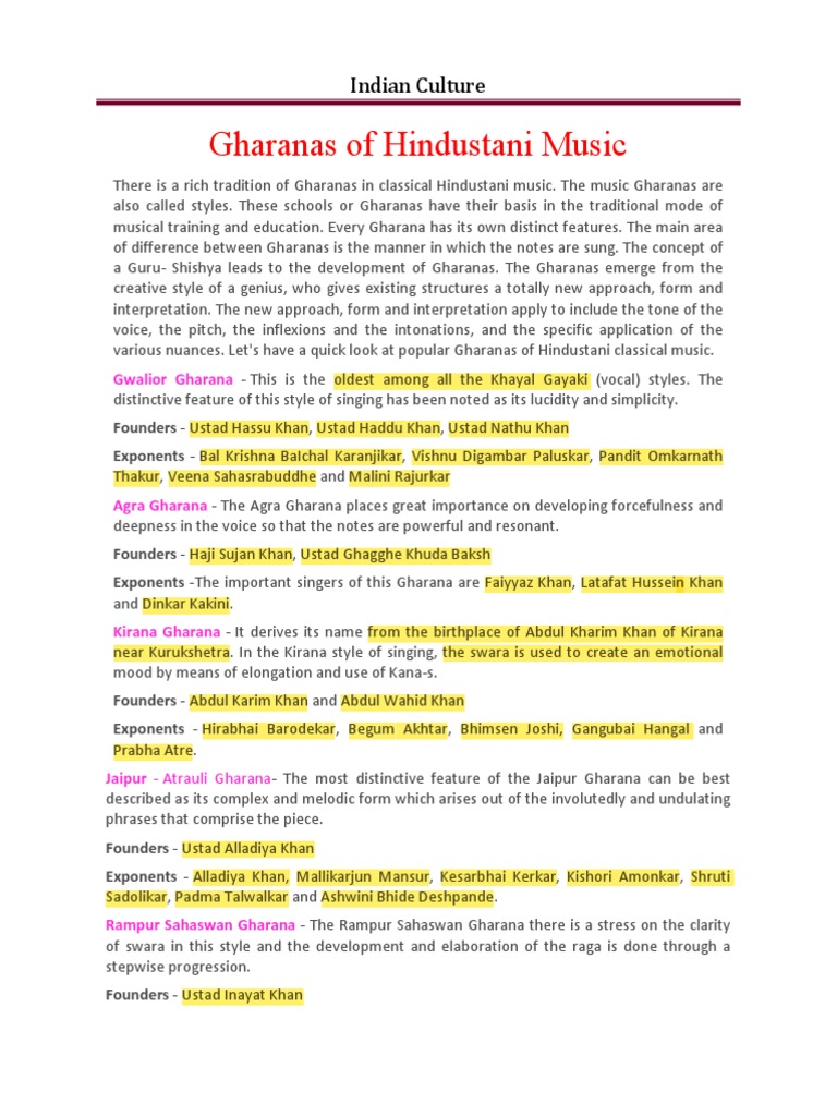 Gharanas of Hindustani Music Explained | PDF