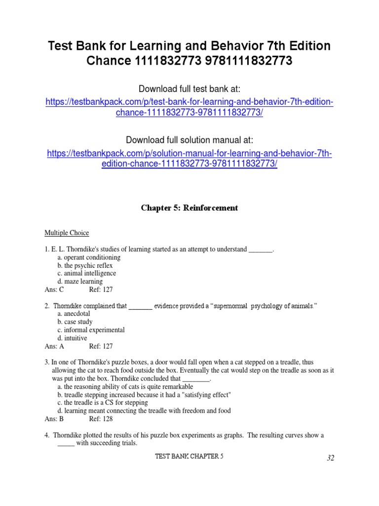 Test Bank for Learning and Behavior 7th Edition | PDF