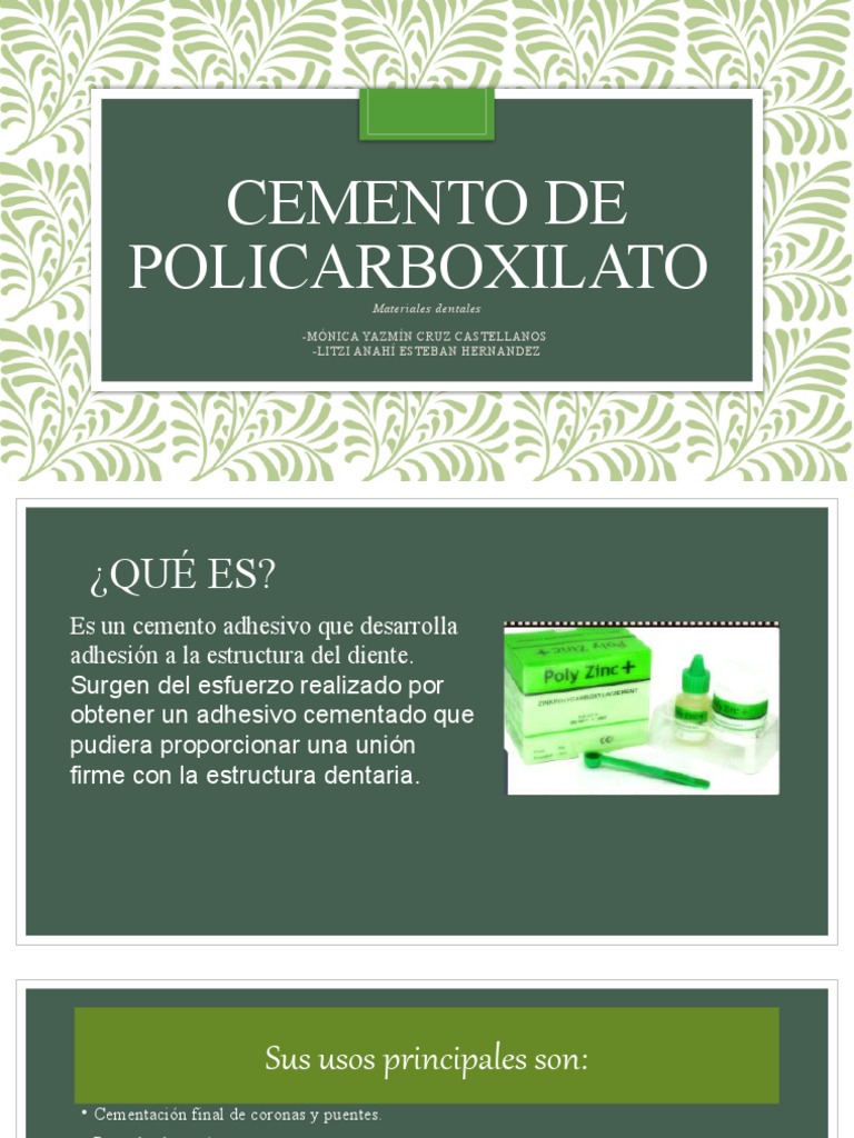 Usos del cemento de policarboxilato dental | PDF | Ácido | Cemento