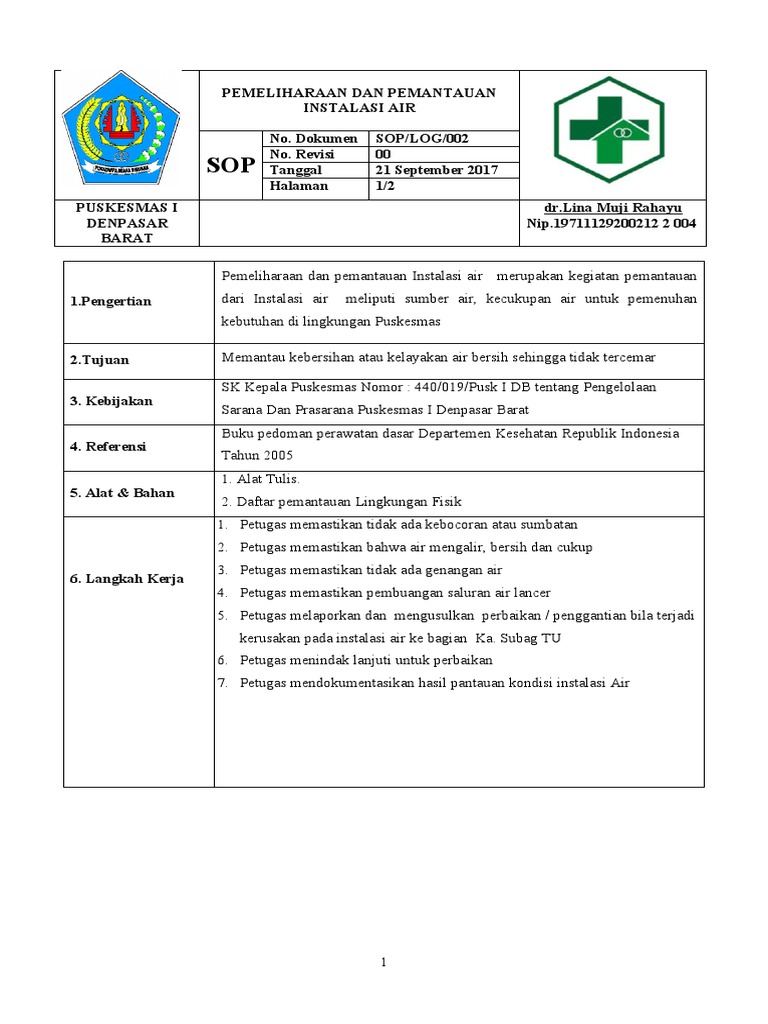 2 Sop Pemeliharaan Dan Pemantauan Instalasi Air | PDF