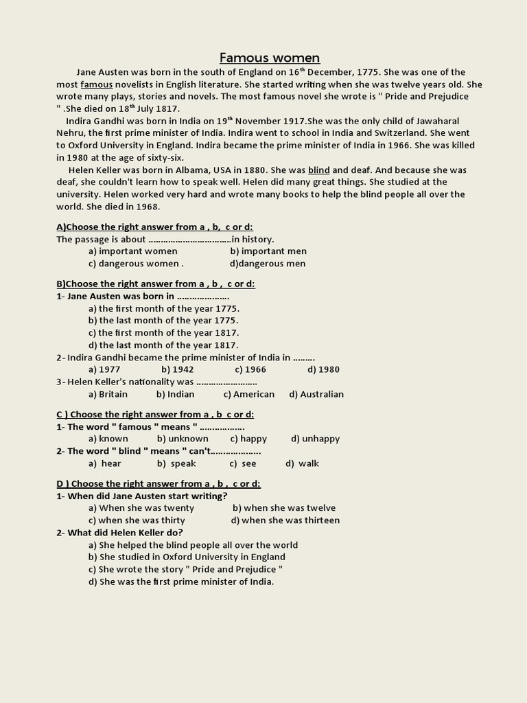 Famous-Women-Reading-Comprehension-Exercises For A Test or For An ...