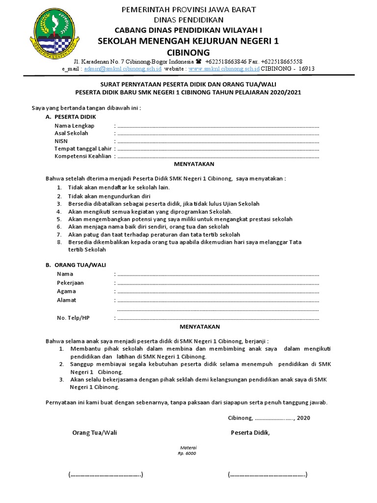 Surat Perjanjian Siswa Baru | PDF