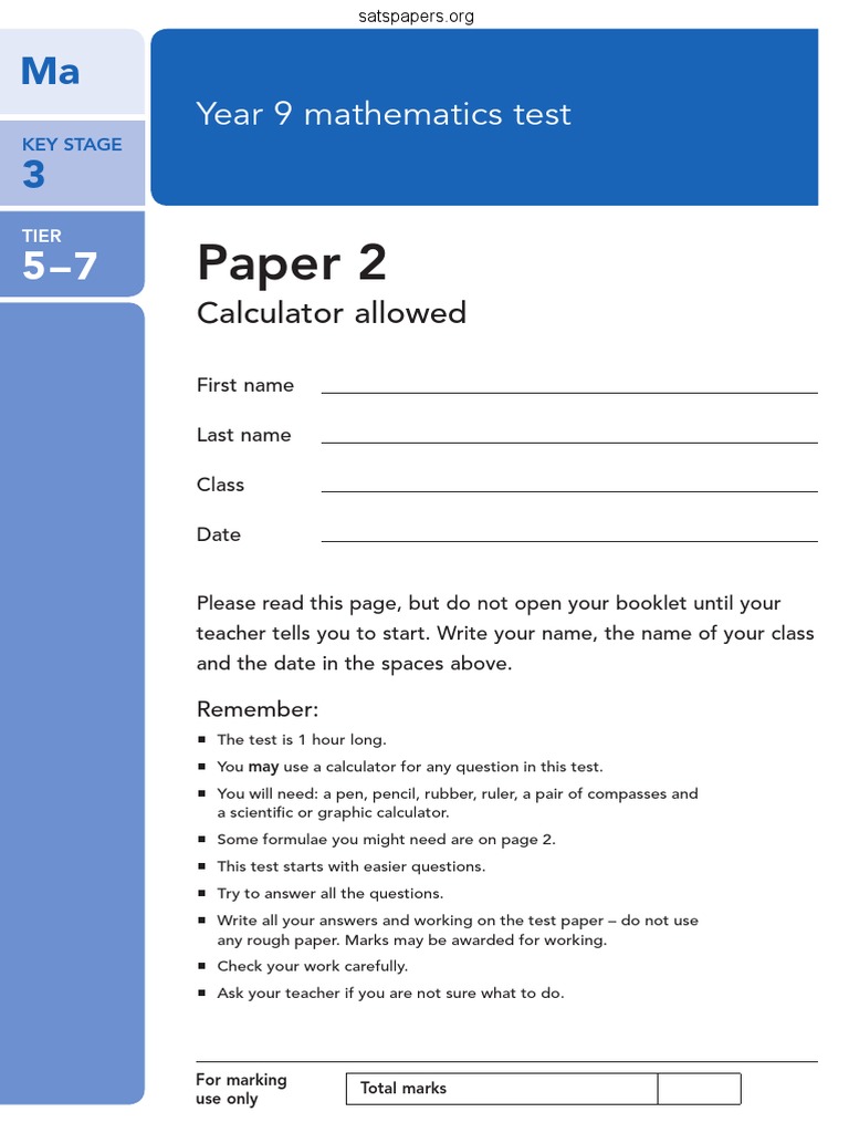 KS3 Year 9 Maths 2011 - Paper 2 - Level 5-7 | PDF