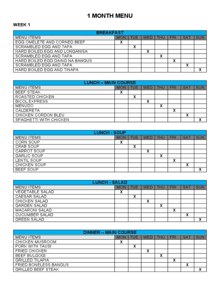 1 Month Menu | PDF