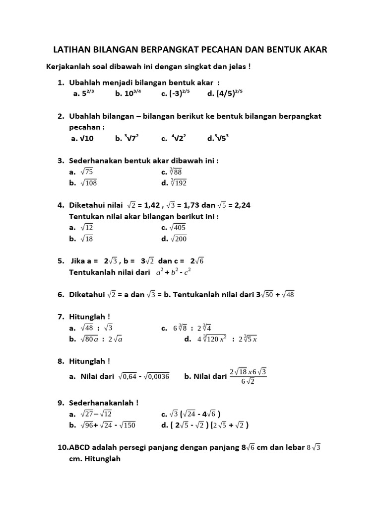 Latihan Bilangan Berpangkat Dan Bentuk Akar | PDF