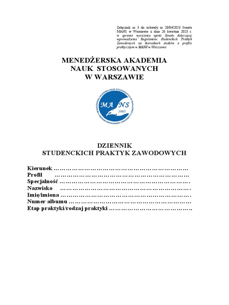 Zal. NR 3 Dziennik Praktyk | PDF