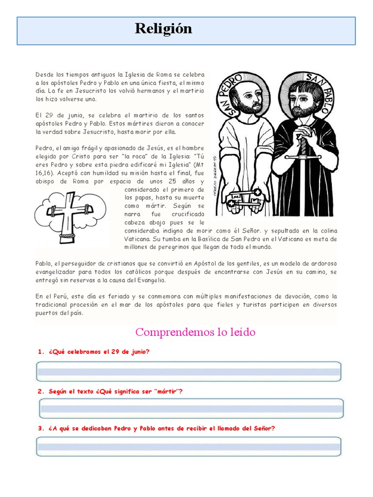 Ficha de Trabajo de Religión - San Pedro y San Pablo-Junio Del 2022-4to ...