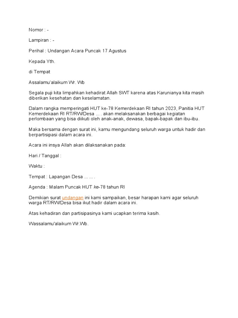 Contoh Undangan Malam Tasyakuran 17 Agustus | PDF