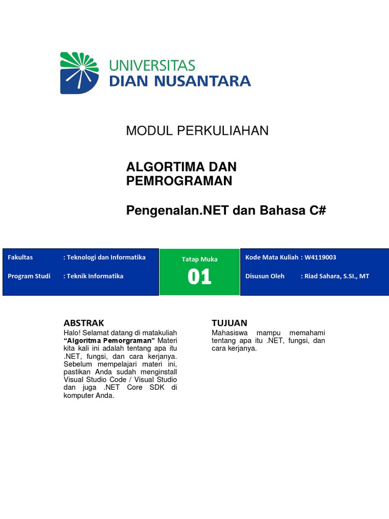 Pertemuan 1 - Pengenalan .NET Dan Bahasa C# | PDF