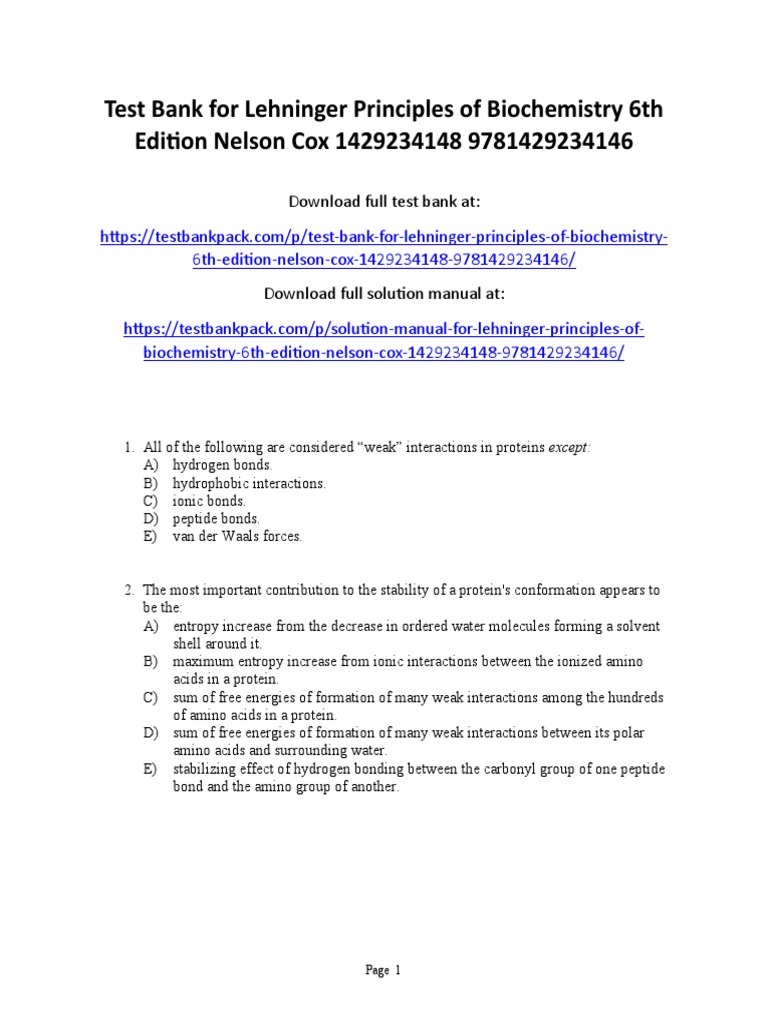 Lehninger Principles of Biochemistry 6th Edition Nelson Test Bank 1 ...