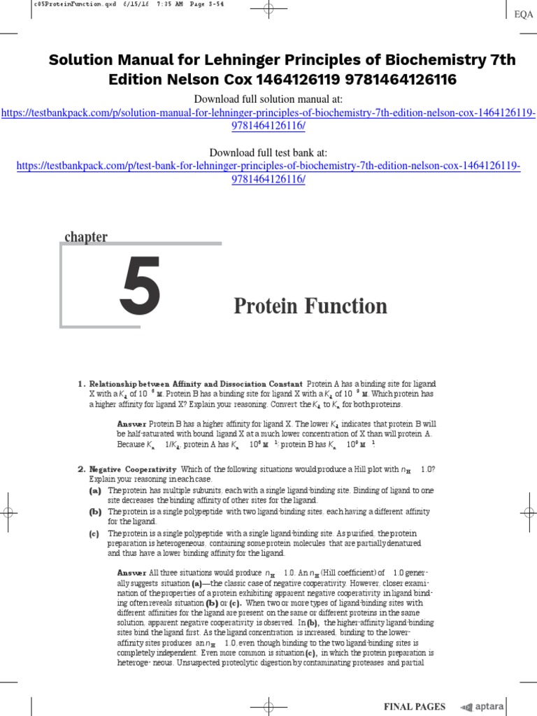 Lehninger Principles of Biochemistry 7th Edition Nelson Solutions Manual 1 | PDF
