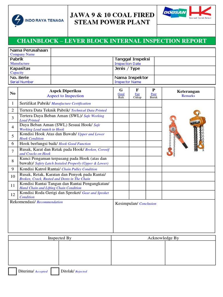 Chain Block - Lever Block Internal Inspection Checklist | PDF