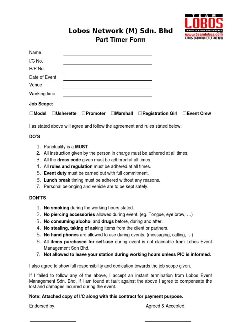 Part Timer Agreement Form | PDF